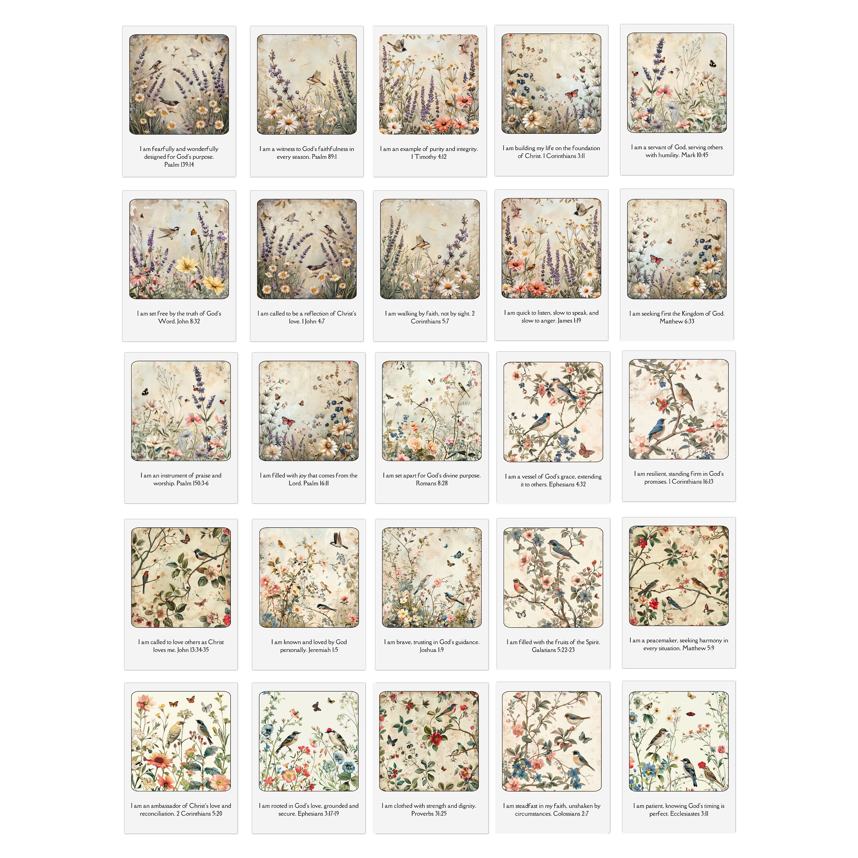 50 Christian Affirmation Cards: Vintage Wildflower Art (digital ...