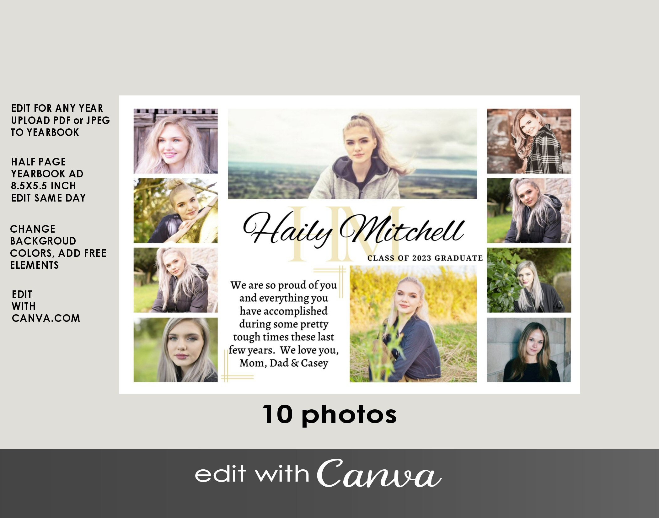 Half Page YEARBOOK AD 10 Photo Canva Template 2026 Editable Layout Gold ...