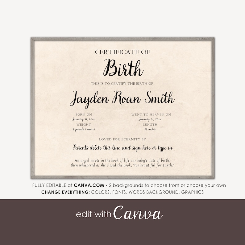 Loss of Baby Certificate of Life Template Edit With CANVA, Miscarriage ...
