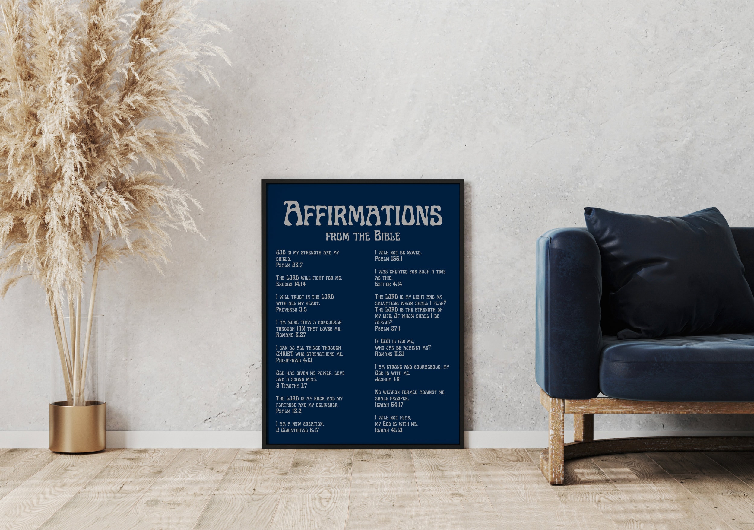 DAILY AFFIRMATIONS Scriptures Retro Navy Blue Trendy Wall Art Printable ...