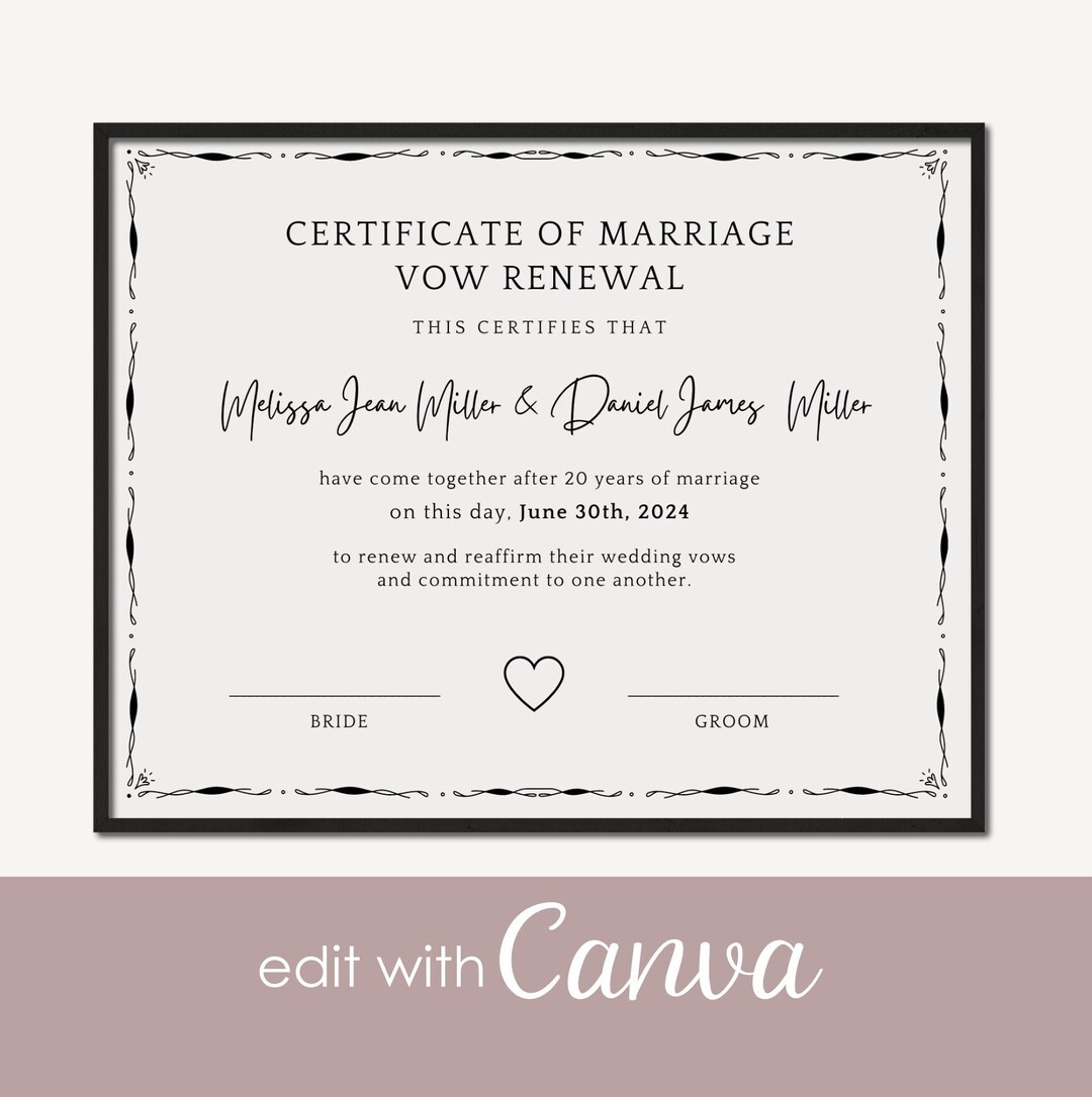 VOW RENEWAL CERTIFICATE, Marriage Renewal, Editable Canva Template ...