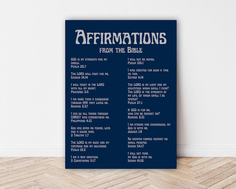 DAILY AFFIRMATIONS Scriptures Retro Navy Blue Trendy Wall Art Printable ...