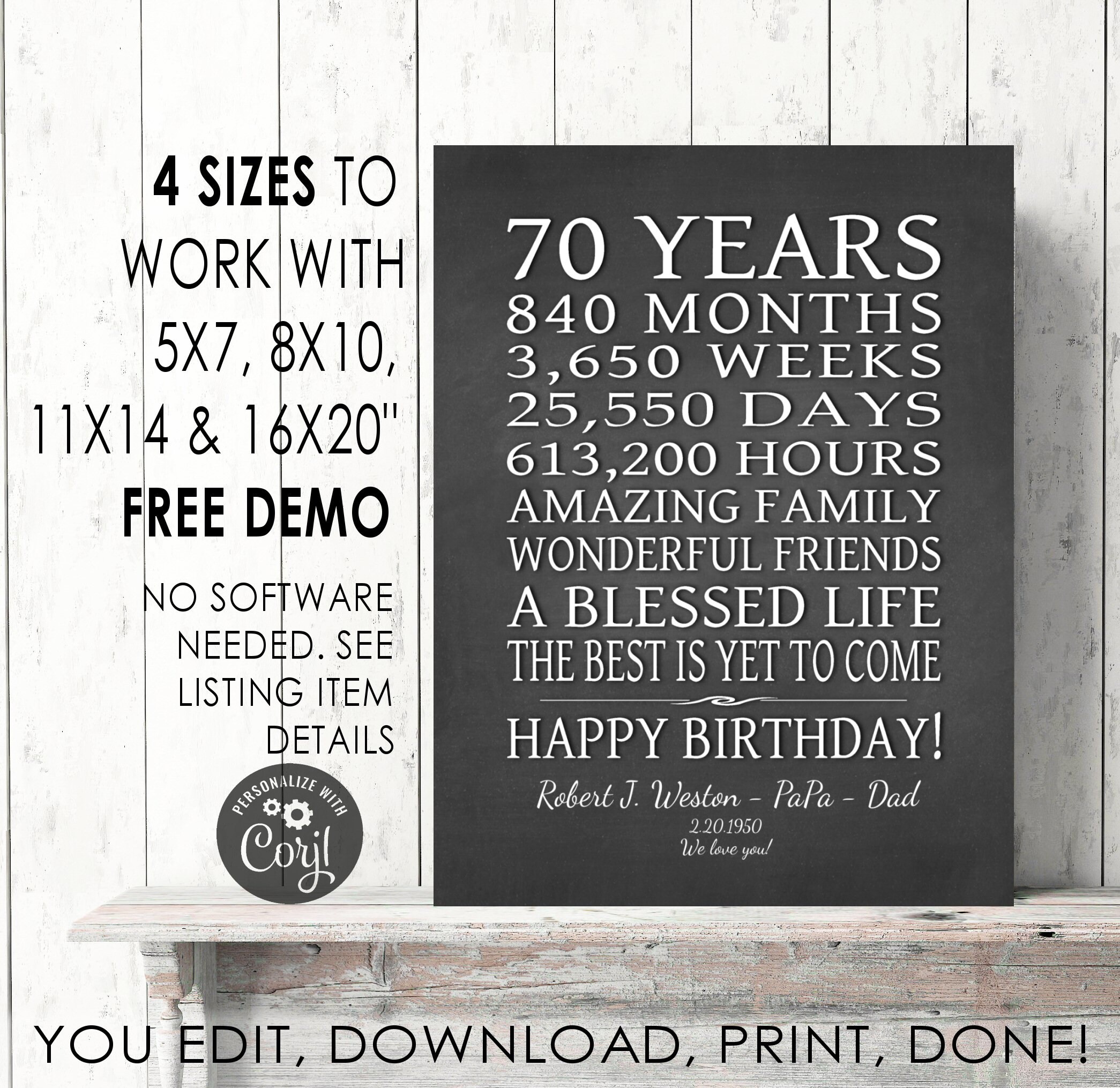 70th BIRTHDAY SIGN Editable Downloadable Printable Print | Etsy