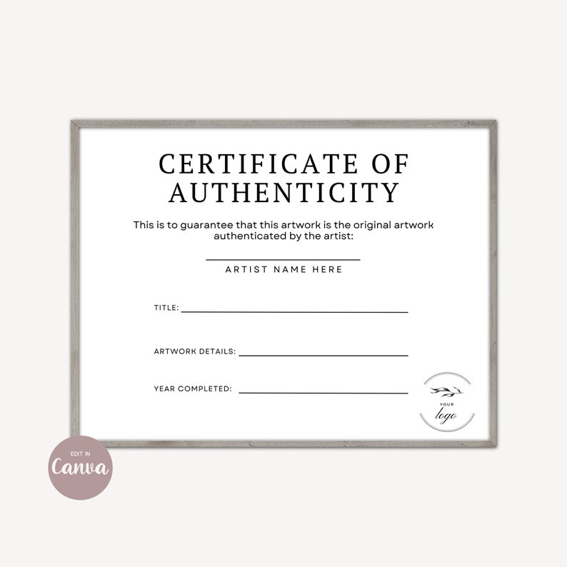 Certificate of Authenticity Template Canva, Editable Printable Document ...