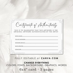 Certificate of Authenticity Template Small, for Artists Artwork ...
