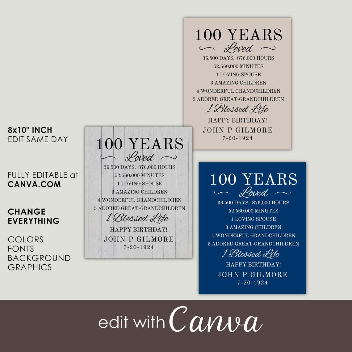 100th BIRTHDAY Printable Edit With Canva, Editable Template 100 Years ...