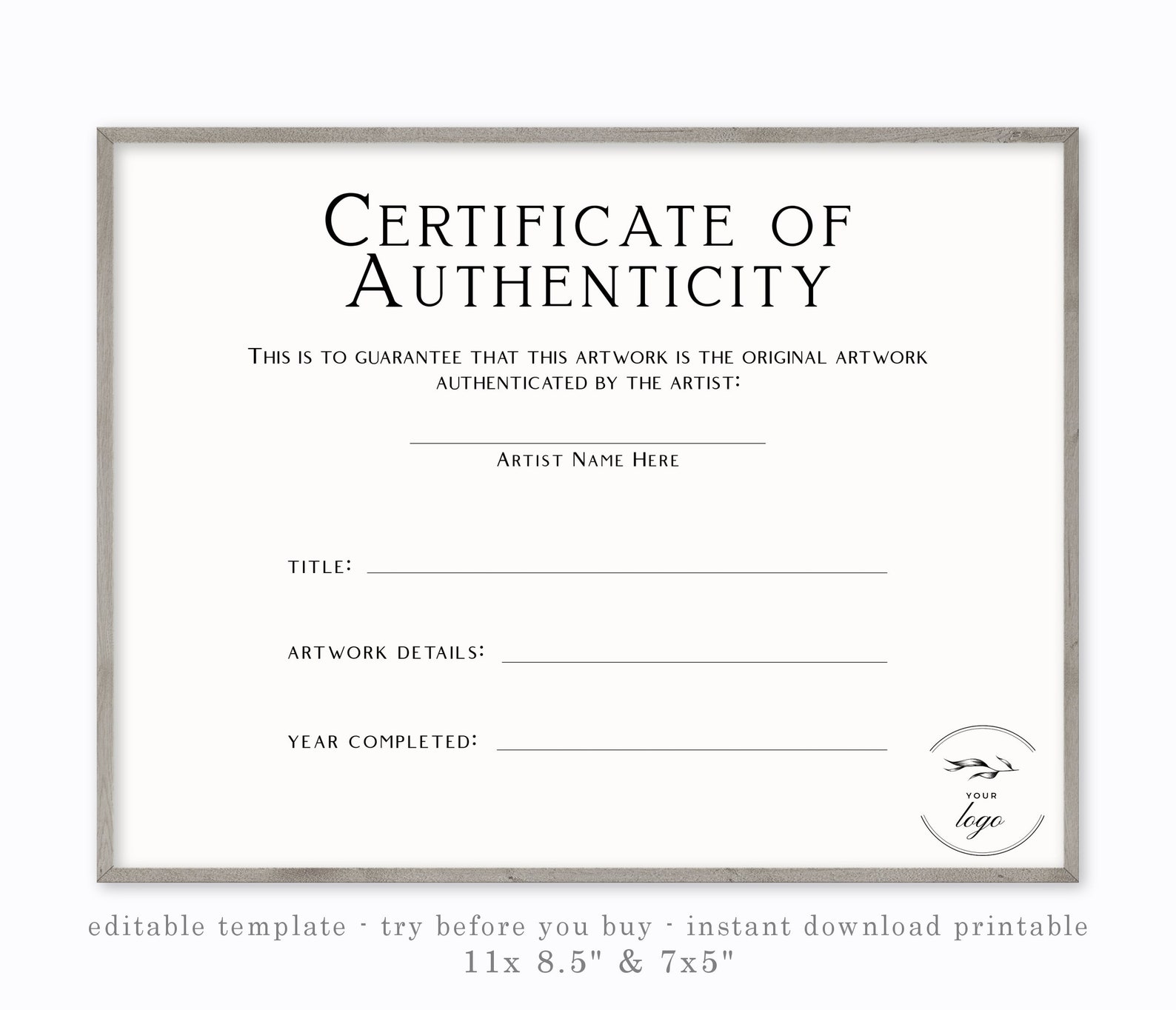 Certificate of Authenticity Template Editable Printable - Etsy