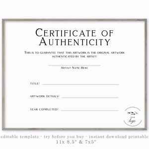 Certificate of Authenticity Template, Editable Printable Document 7x5 ...