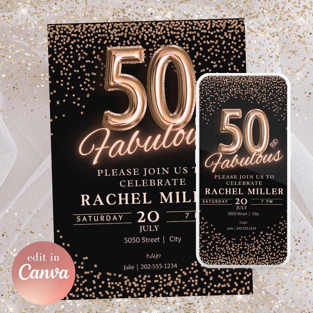 50th BIRTHDAY INVITATION, Printable 50 & Fabulous, Canva Editable ...