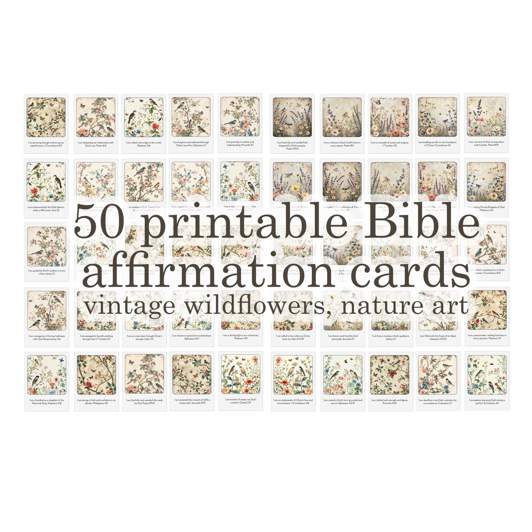 Christian Affirmations Cards Wildflower Nature Vintage Art, 50 Bundle ...