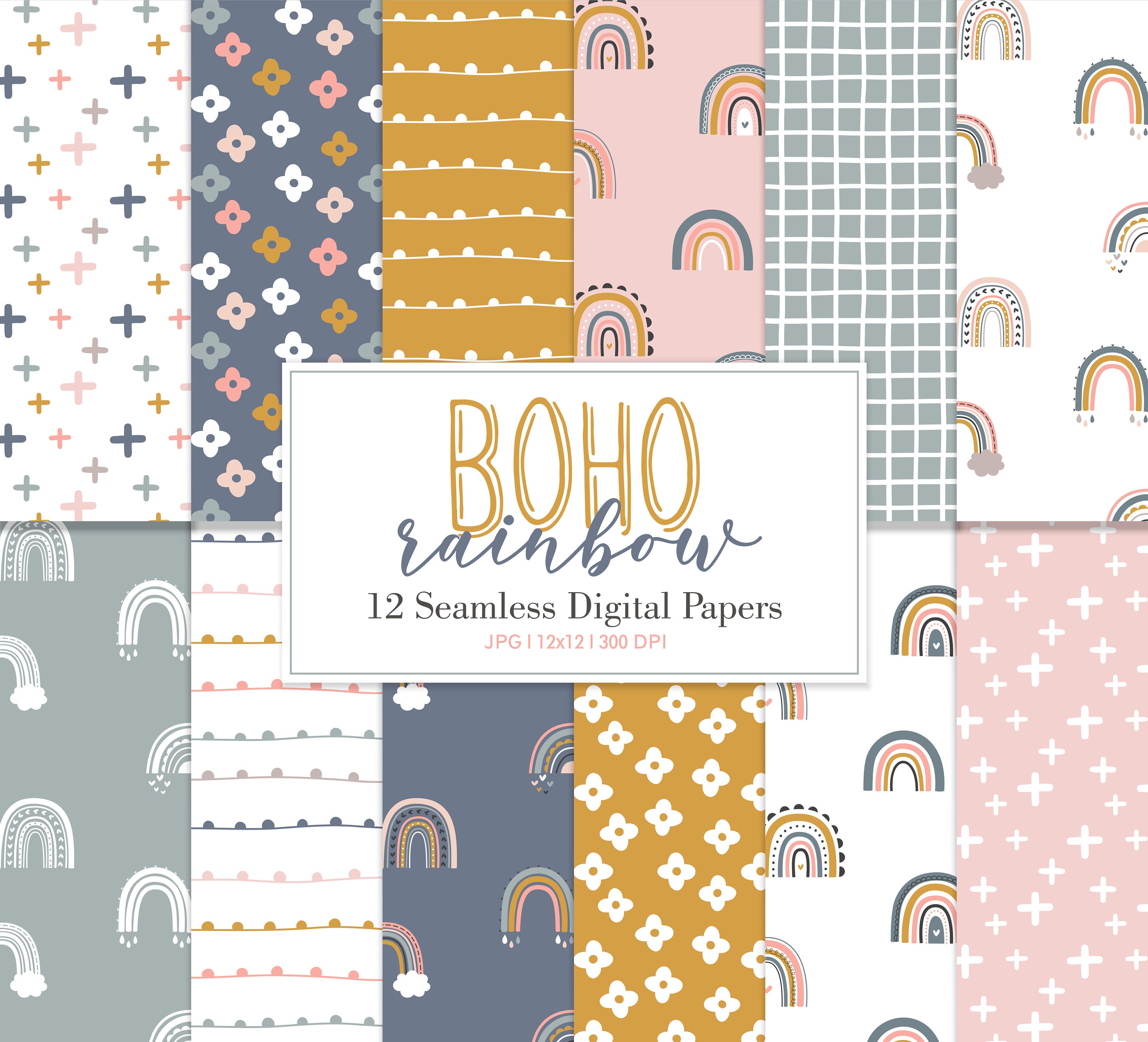 Printing & Printmaking Boho Rainbow Background Digital Paper Pack BOHO ...