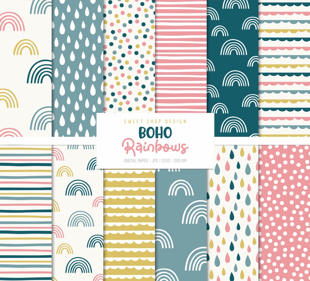 BOHO RAINBOWS, Rainbow Clouds Geometric Backgrounds, Printable Digital ...