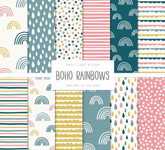 Digital Paper Pack BOHO RAINBOWS, Rainbow Pattern, Boho Rainbow Background, Digital Paper, Set ...