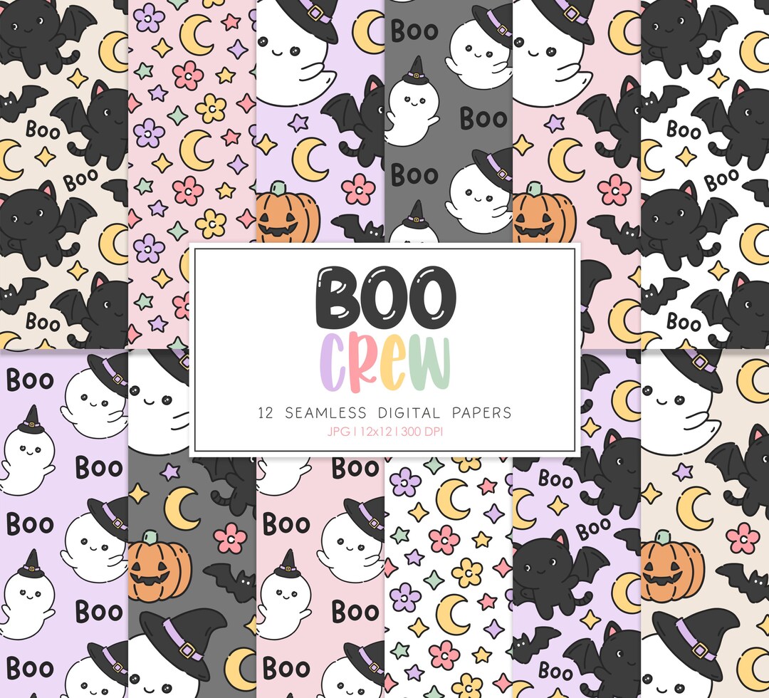 BOO CREW, Halloween Seamless Repeat Pattern, Retro Kawaii Hand Drawn ...