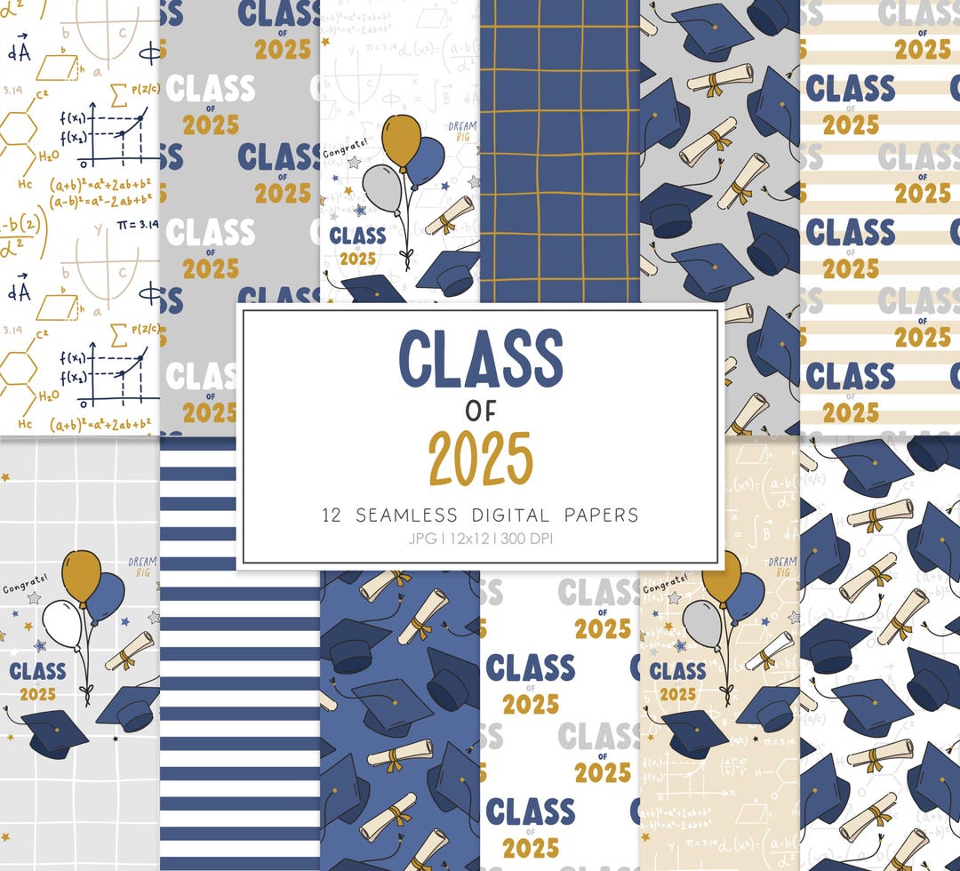 CLASS of 2025, Graduation Doodle Balloons, Grad Cap, Diploma Seamless ...