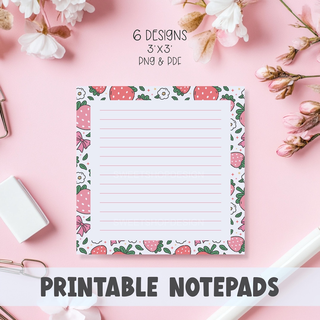 Berry Sweet Printable Square Notepad Template, Strawberries Retro Hand ...