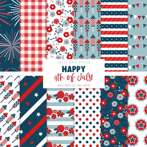 July 4th Patriotic Digital Paper Pack Vintage American Red & - Etsy