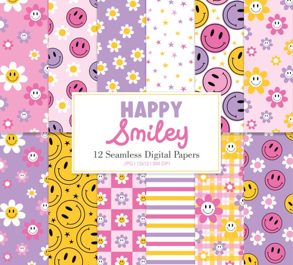 Digital Paper Pack HAPPY SMILE, Retro Happy Face Seamless Pattern ...