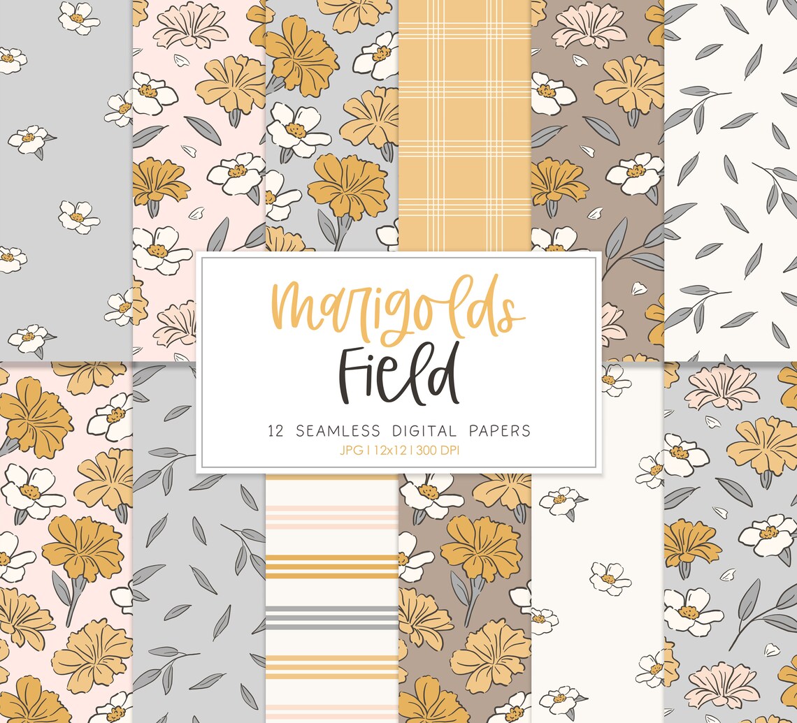 MARIGOLDS FIELD, Floral Spring Seamless Repeat Pattern, Retro Summer ...