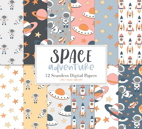 SPACE ADVENTURE, Astronaut Space Moon Stars Planets Nursery Seamless ...
