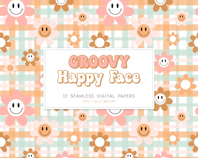 GROOVY RETRO, Retro Happy Face Seamless Pattern, Retro Background ...