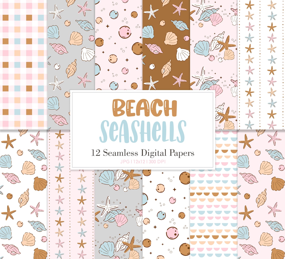BEACH SEASHELLS, Retro Summer Seamless Repeat Pattern, Clam Starfish ...