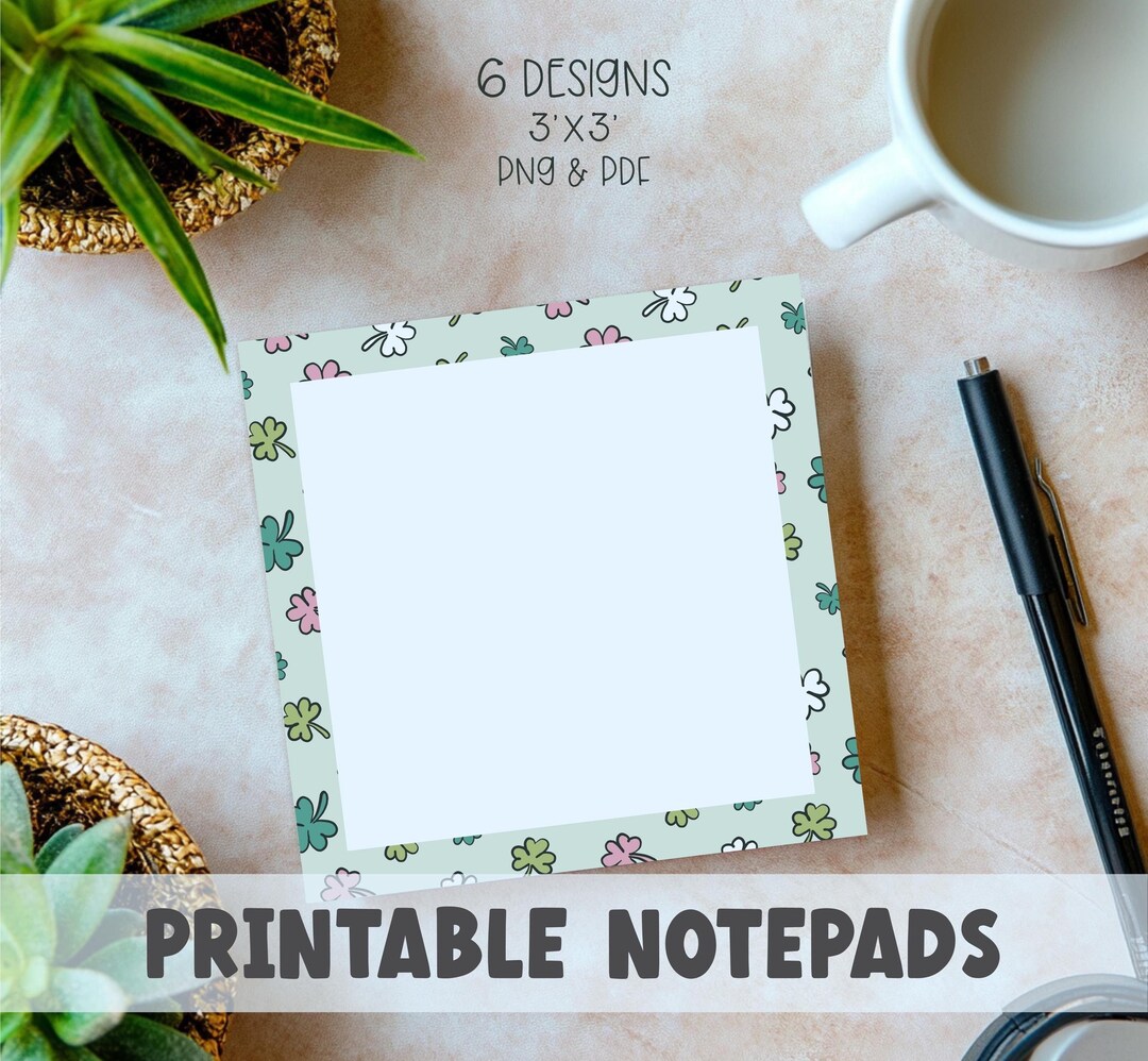 Lots of Luck Printable Square Notepad Template, Irish Shamrock Four Leaf Clover Retro Hand Drawn ...