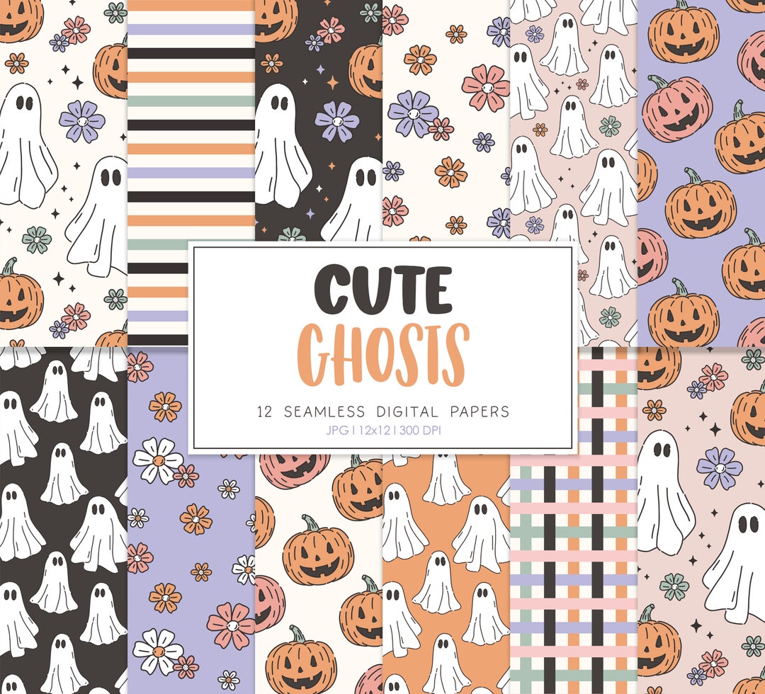 CUTE GHOSTS, Halloween Seamless Repeat Pattern, Retro Hand Drawn ...