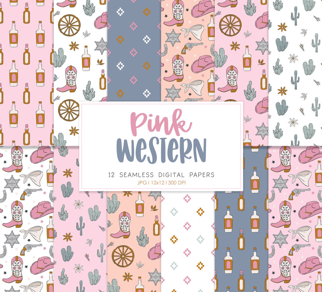 PINK WESTERN, Cowgirl Western Seamless Repeat Pattern, Cactus Floral ...