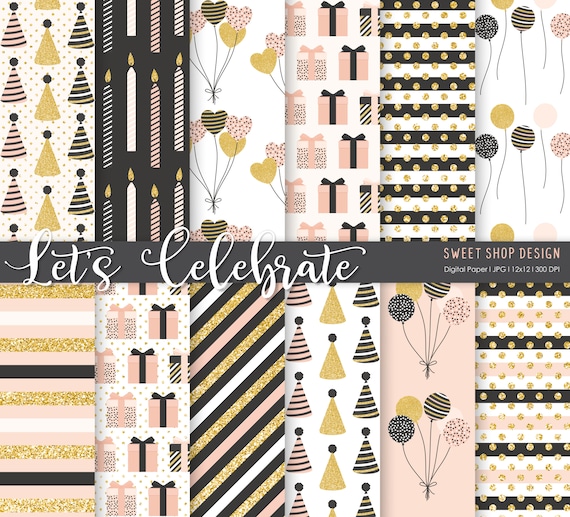 LETS CELEBRATE, Birthday Party Gold Blush Black, Backgrounds, Printable ...