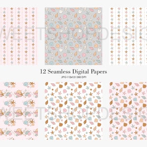 BEACH SEASHELLS, Retro Summer Seamless Repeat Pattern, Clam Starfish ...