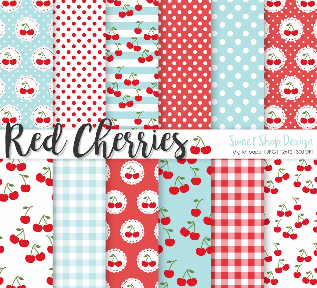 Digital Paper Pack RED CHERRIES, Backgrounds, Printable Digital Paper ...