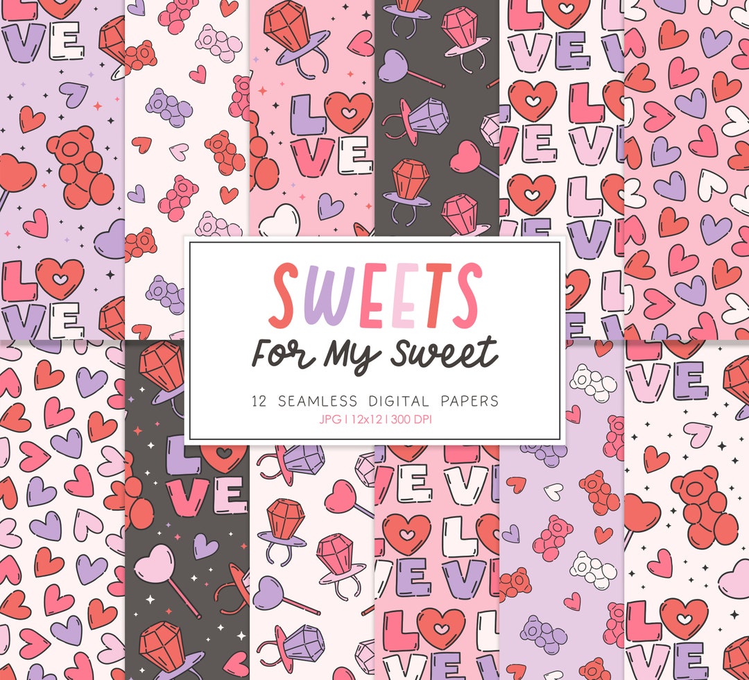 SWEETS, Valentine Seamless Repeat Pattern, Retro Backgrounds, Printable ...