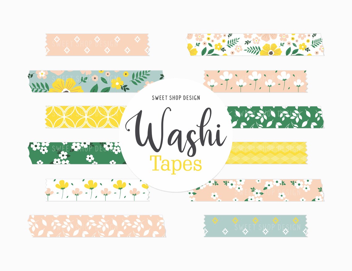 Digital Washi Tape Clipart YELLOW PINK FLORAL Graphics With | Etsy