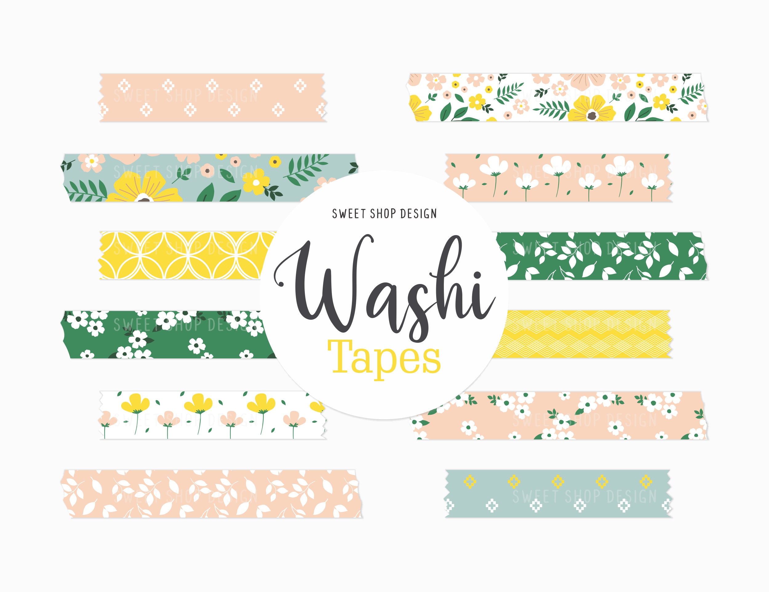 Digital Washi Tape Clipart YELLOW PINK FLORAL Graphics with | Etsy