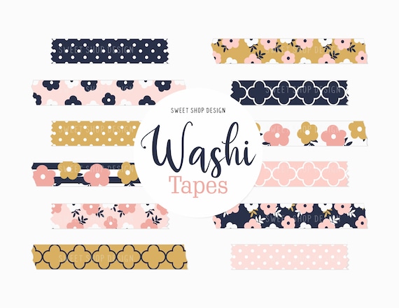 Digital Washi Tape Clipart GOLD PINK FLORAL, Graphics with Floral Polka ...