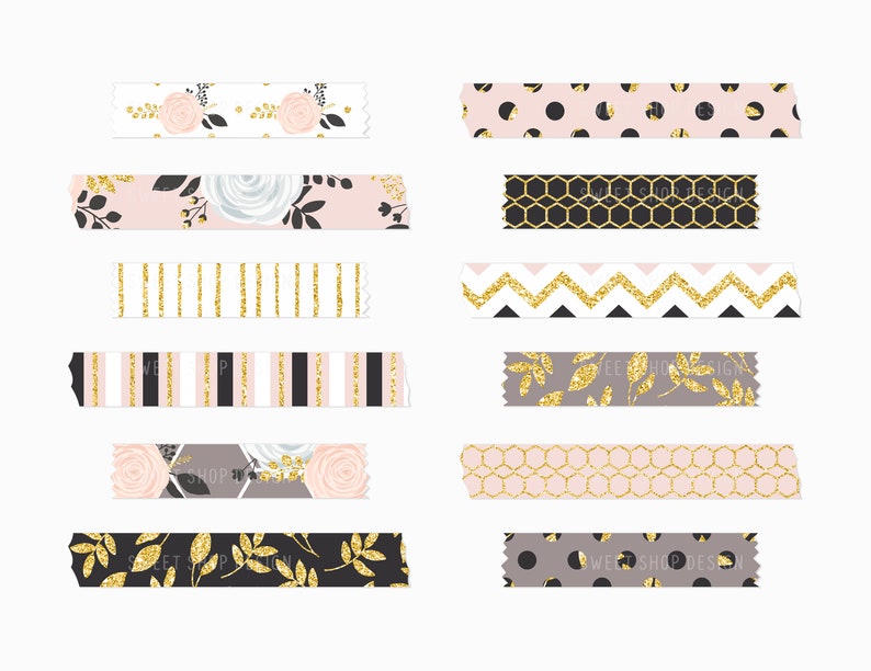 Digital Washi Tape Clipart GOLD BLUSH FLORAL, Rose Graphics for Digital ...