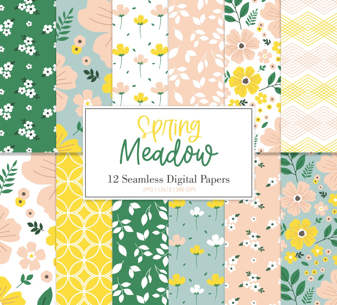 SPRING MEADOW, Floral Seamless Repeat Pattern, Yellow Green Backgrounds ...
