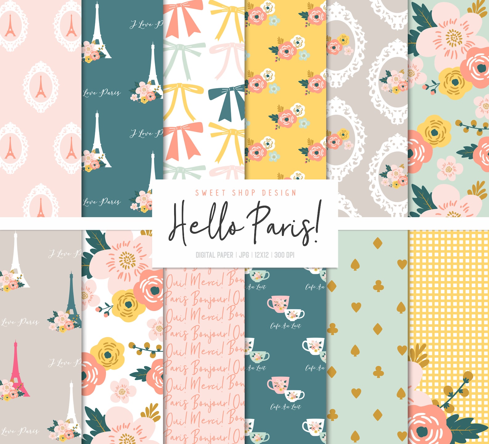 HELLO PARIS, Paris Tour Eiffel Floral Bows Backgrounds, Printable ...