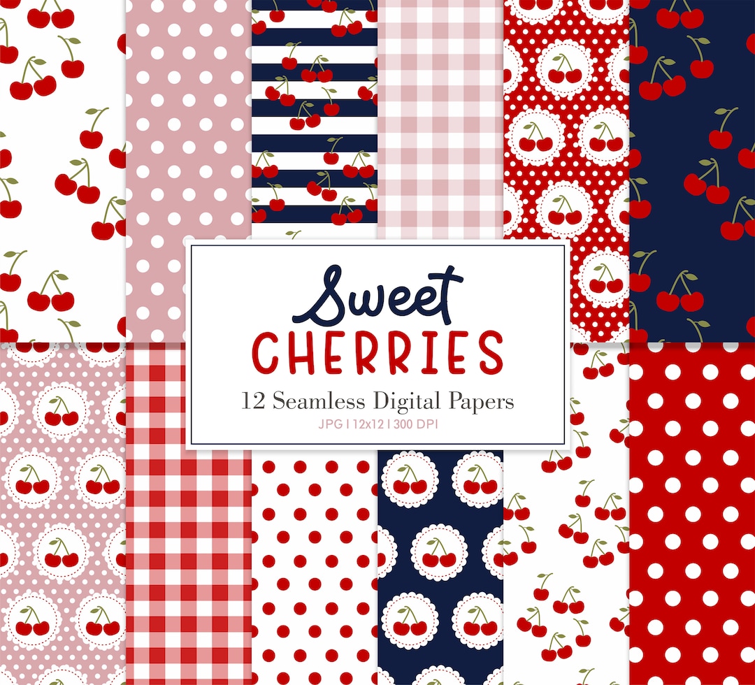 SWEET CHERRIES, Cherry Red Blue Navy Seamless Repeat Pattern, Dots ...