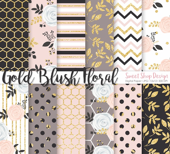 GOLD BLUSH FLORAL, Floral Rose Gold Backgrounds, Printable Digital ...