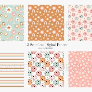 GROOVY RETRO, Retro Happy Face Seamless Pattern, Retro Background ...