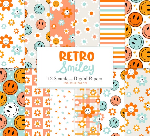 RETRO HAPPY, Retro Happy Face Seamless Pattern, Backgrounds, Printable ...