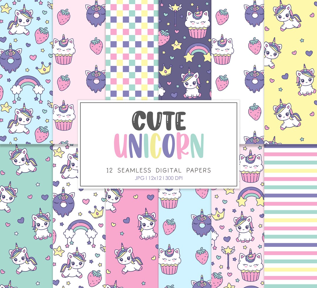 CUTE UNICORN, Rainbow Hearts Stars Seamless Repeat Pattern, Retro ...