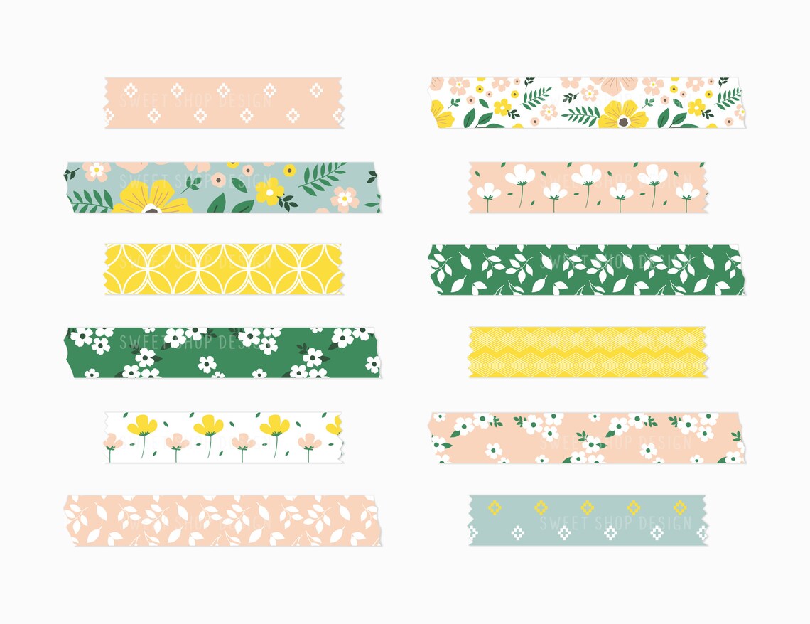 Digital Washi Tape Clipart YELLOW PINK FLORAL Graphics With | Etsy