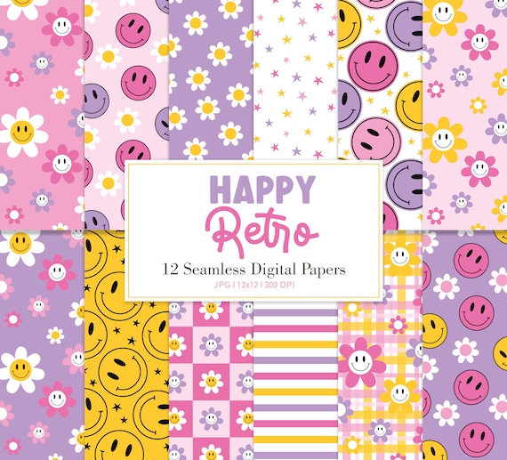 HAPPY RETRO, Retro Happy Face Seamless Repeat Pattern, Backgrounds ...