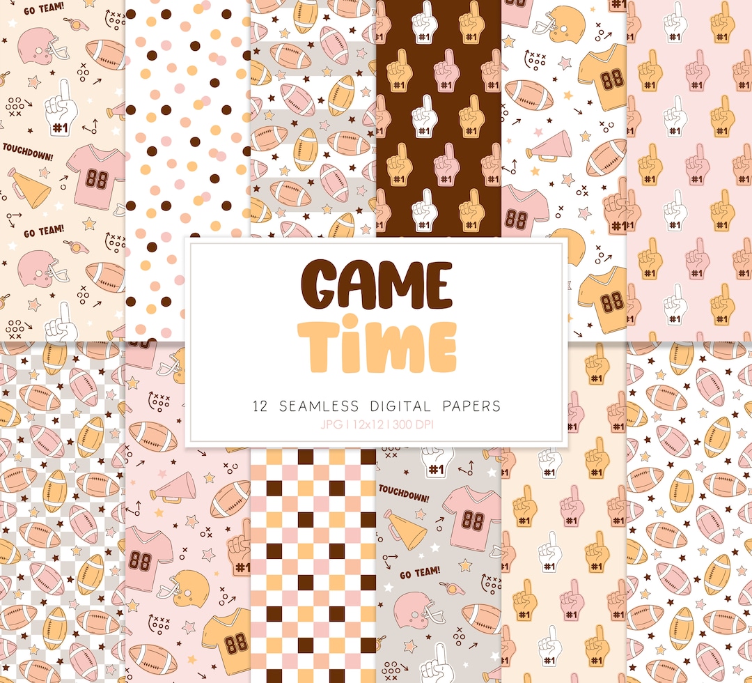 GAME TIME, Football Fall Sports Seamless Repeat Pattern, Retro Football ...