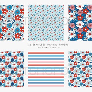 RED and BLUE, Retro Floral Fourth July Seamless Repeat Pattern ...