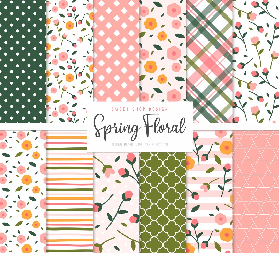 SPRING FLORAL, Spring Floral Gingham Stripes Backgrounds, Printable ...
