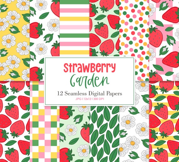 STRAWBERRY GARDEN, Floral Summer Strawberry Fruit Seamless Repeat ...